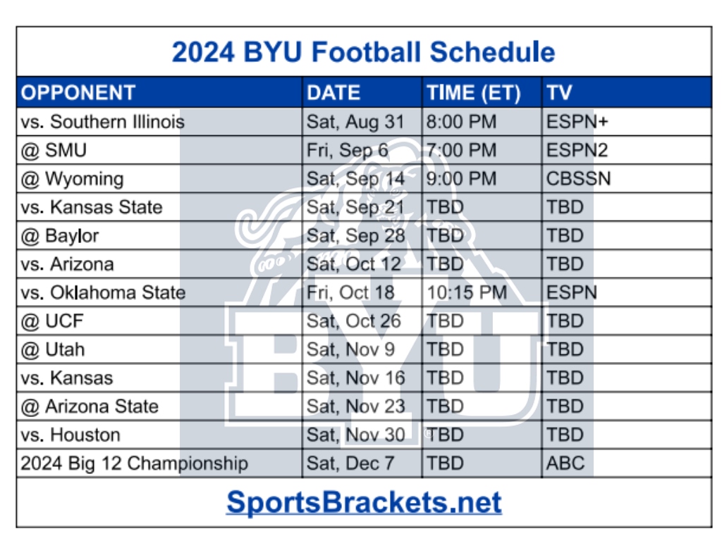 Printable 2024 BYU Football Schedule; Matchups and TV Broadcast - Sports Brackets