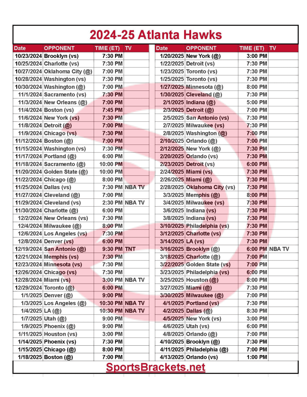 Printable 2024-25 Atlanta Hawks Schedule; TV Broadcasts and Matchups ...