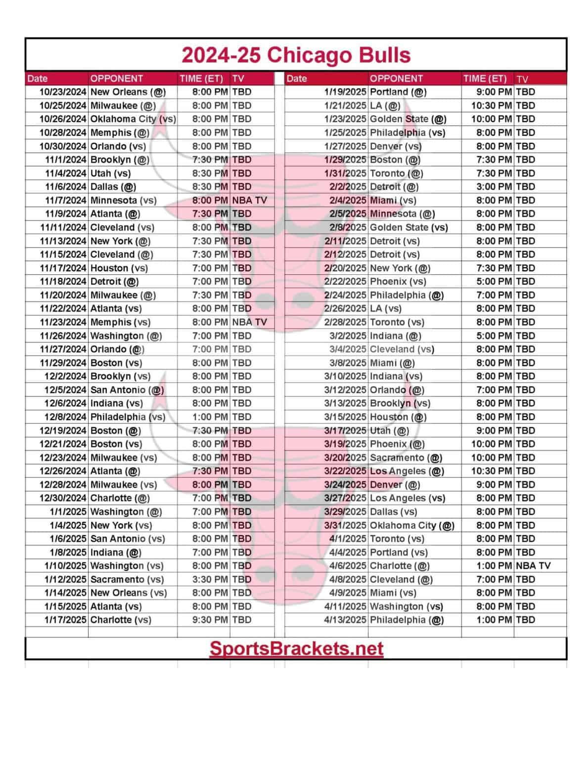 Printable 2024-25 Chicago Bulls Schedule; TV Broadcasts and Matchups ...