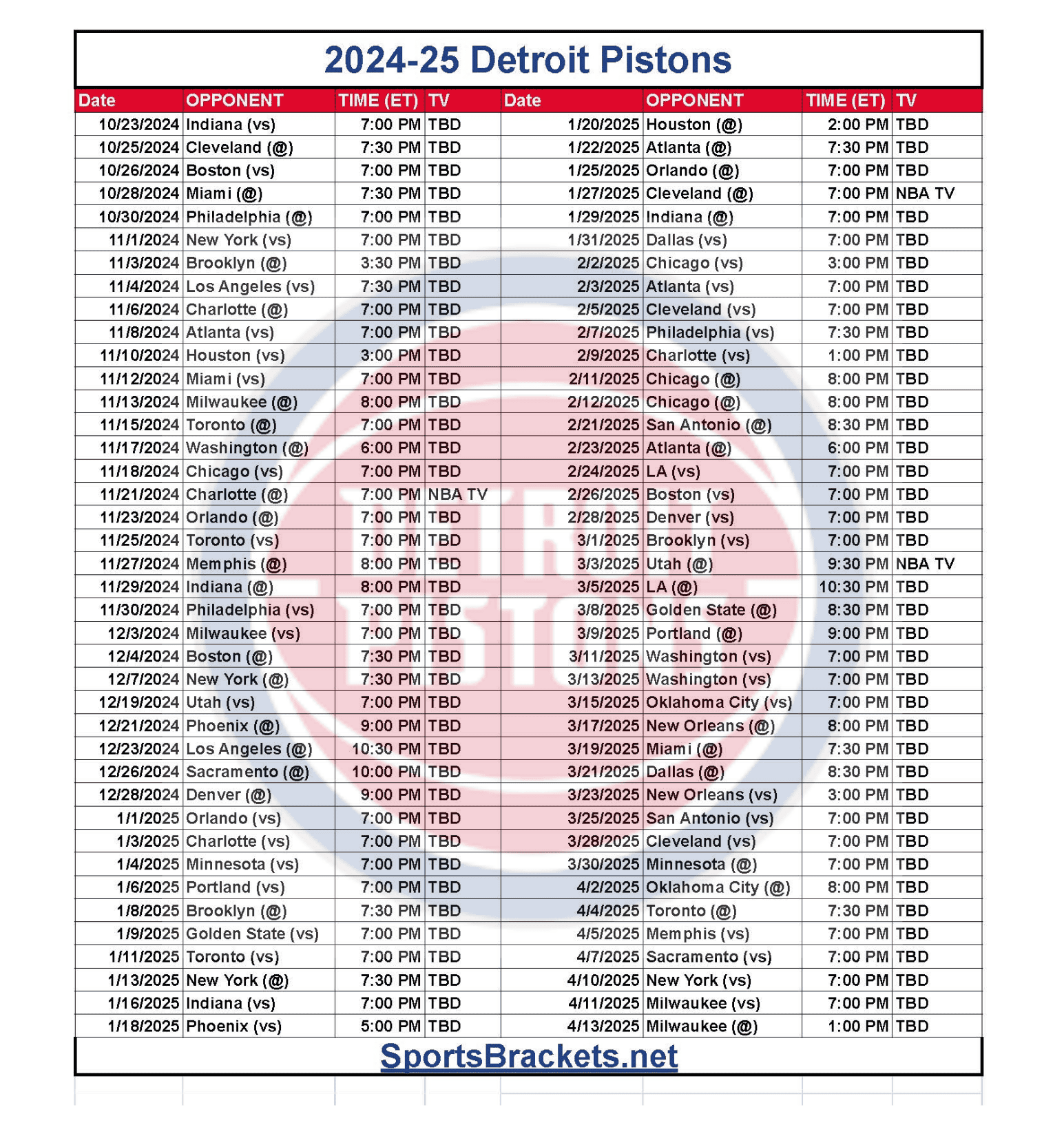 Printable 2024-25 Detroit Pistons Schedule; TV Broadcasts and Matchups ...