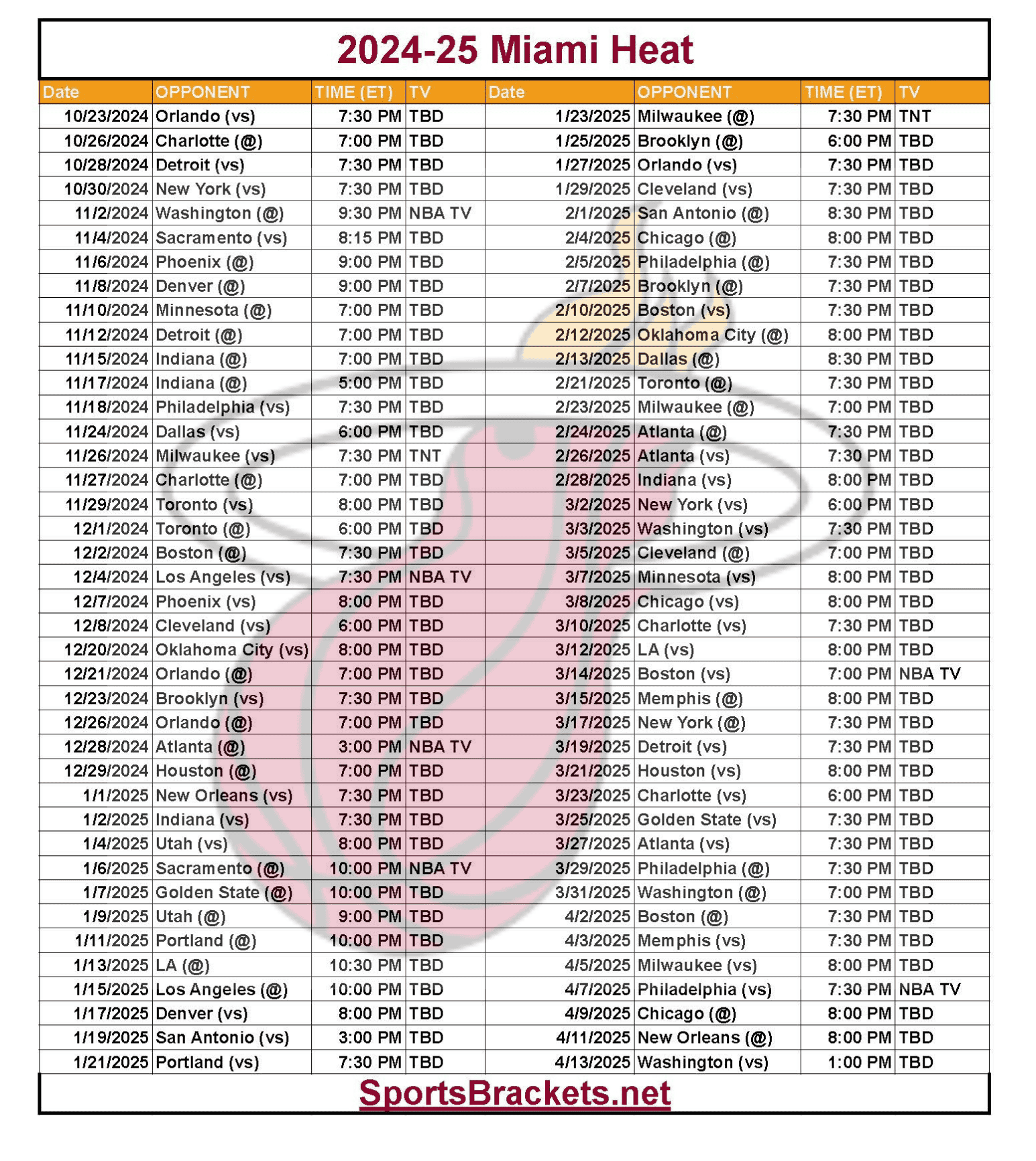 Printable 2024-25 Miami Heat Schedule; TV Broadcasts and Matchups ...