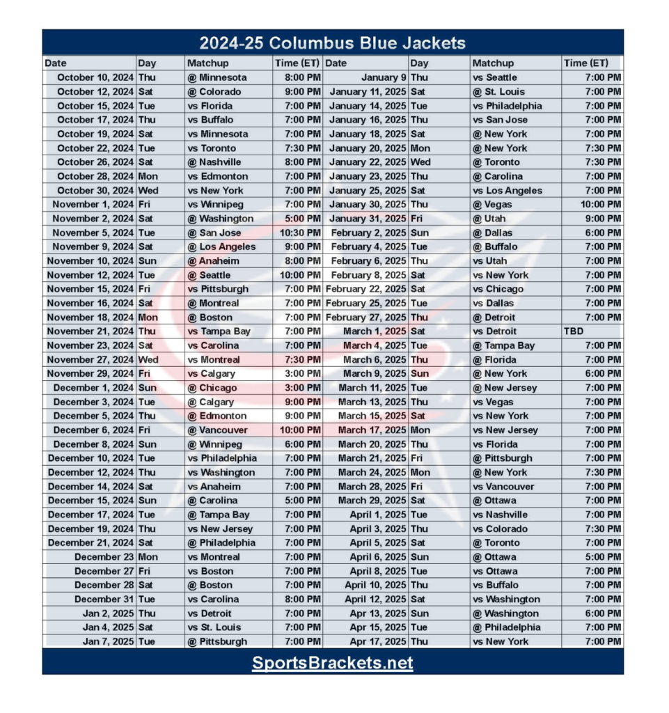 2024-25 Chicago Blackhawks Schedule; Printable, PDF Format - Sports ...