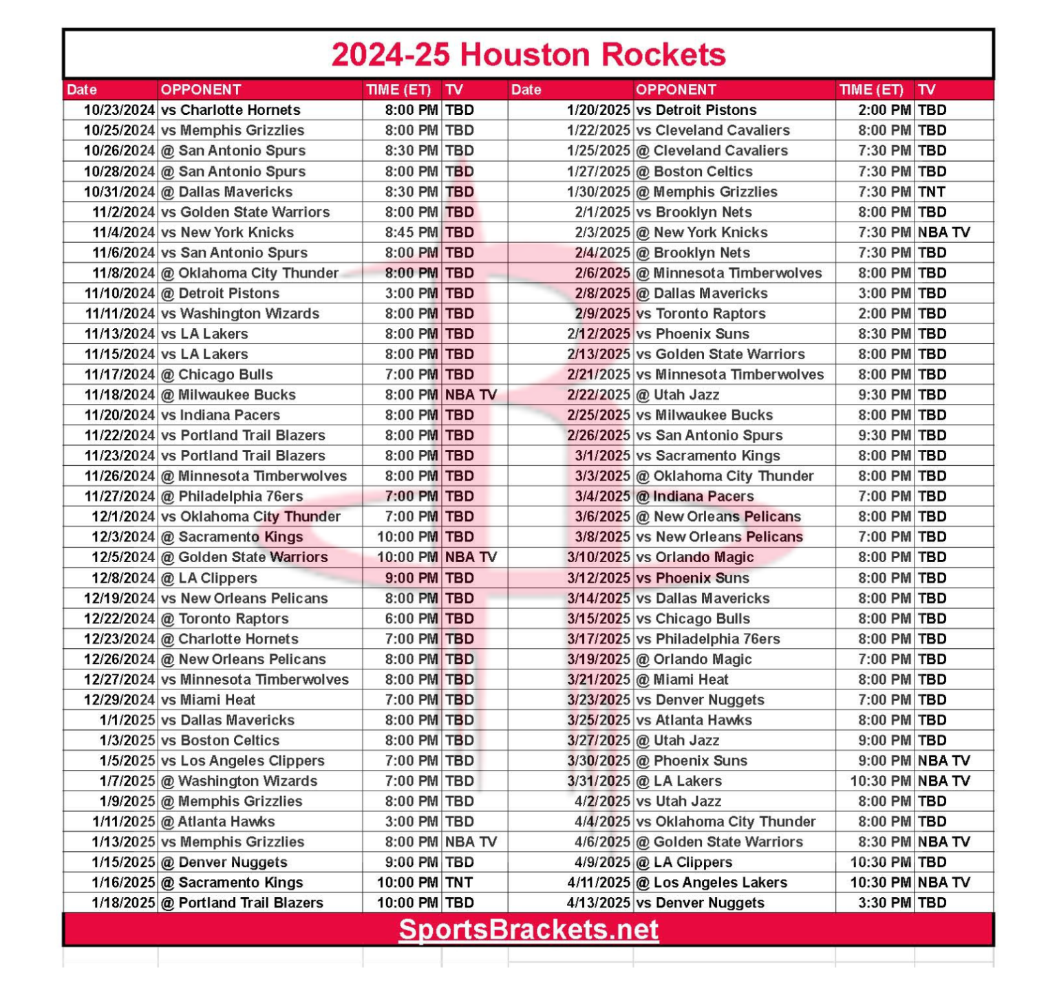 Printable 2024-25 NBA Schedule; TV Broadcasts, Matchups, PDF Format - Sports Brackets