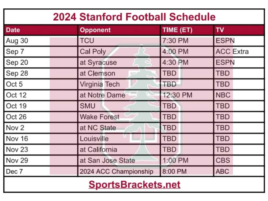 Printable 2024 Stanford Football Schedule; Matchups and TV Broadcast ...