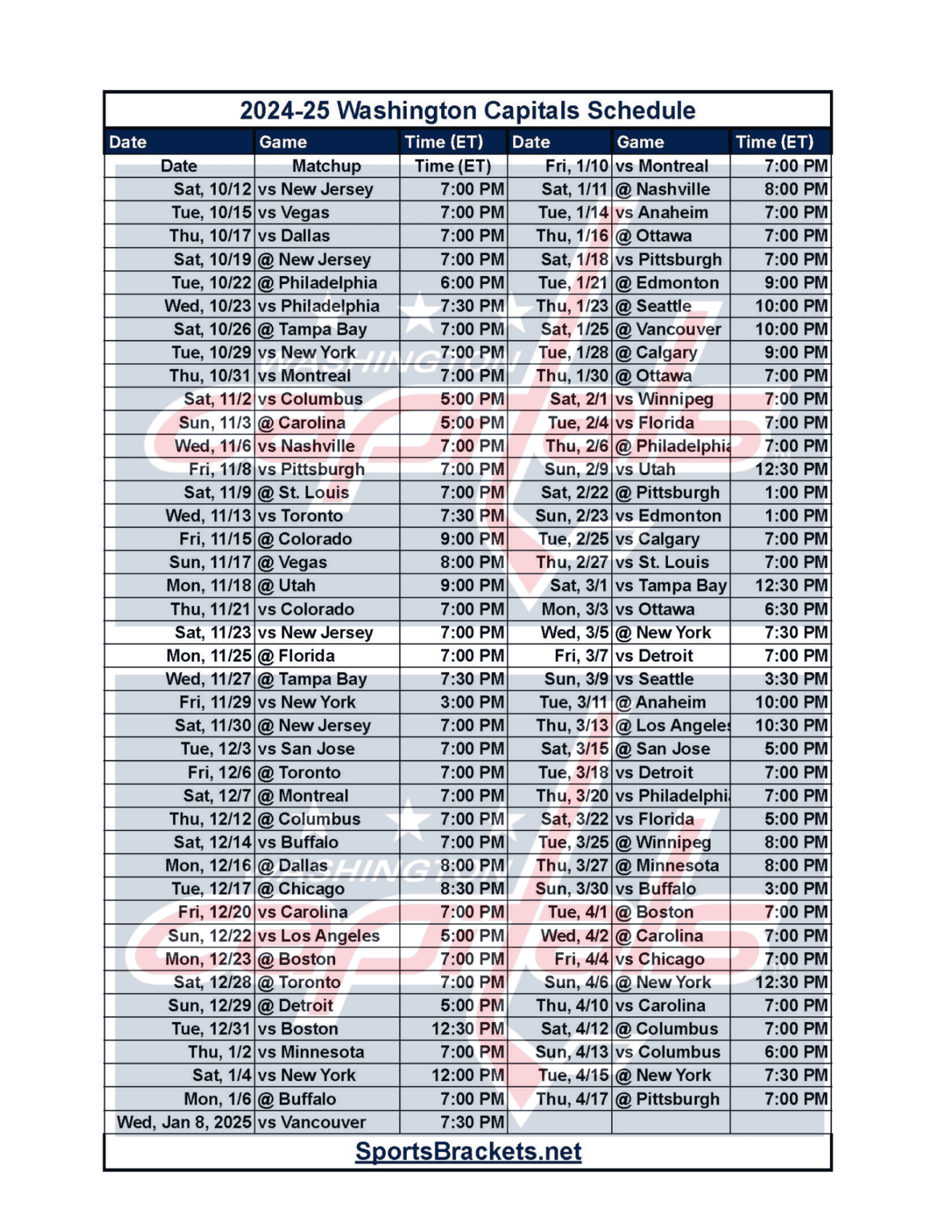 2024-25 Washington Capitals Schedule; Printable, PDF Format - Sports ...