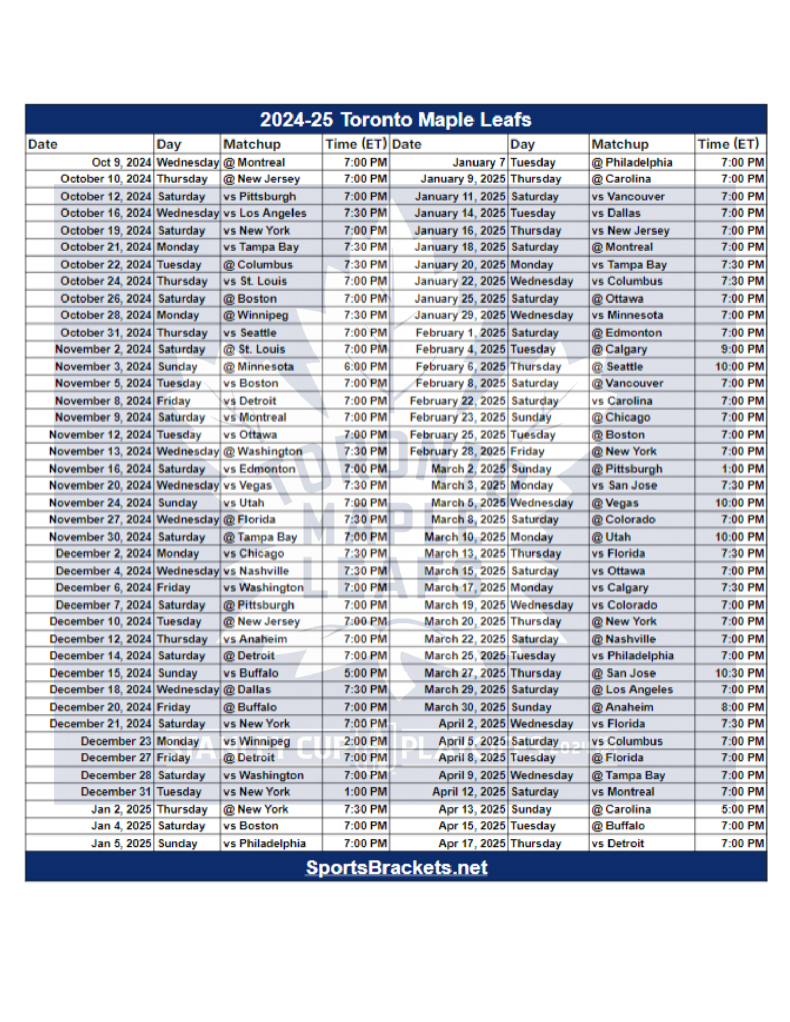 2024-25 Toronto Maple Leafs Schedule; Printable, PDF Format - Sports ...