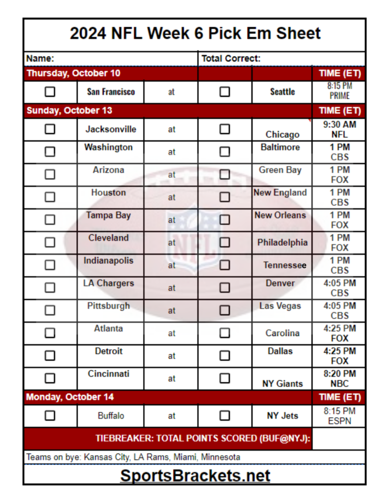 2024 NFL Pick Em Sheet Week 13; Printable, PDF Format - Sports Brackets