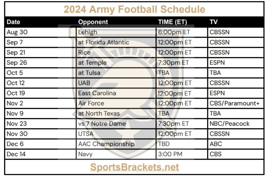 Printable 2024 Army Football Schedule; Matchups and TV Broadcast ...