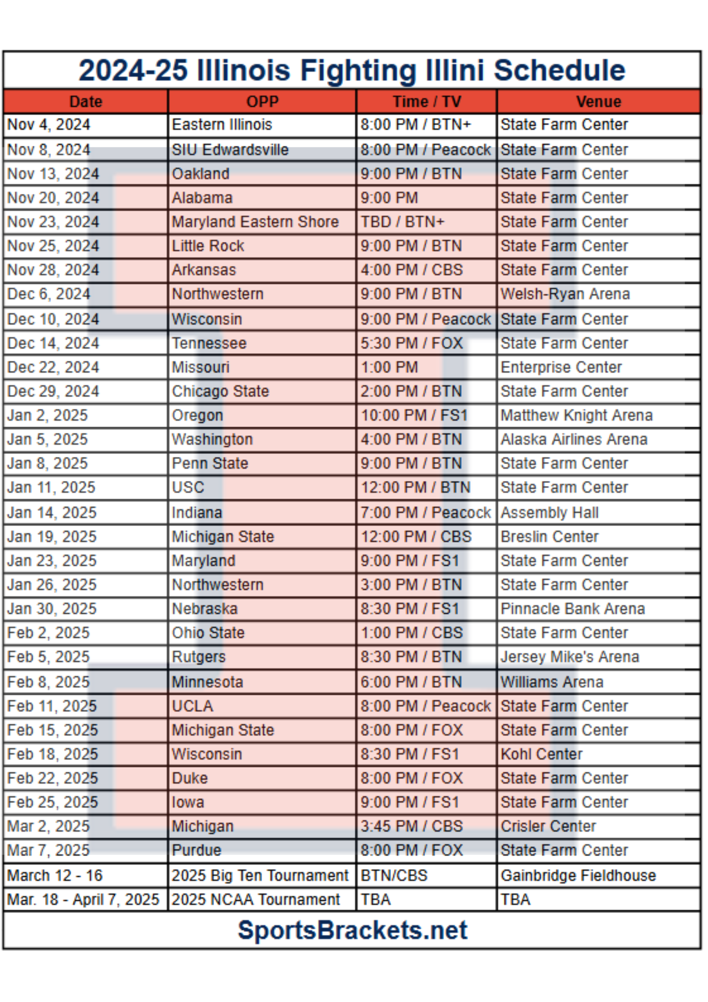 Printable 2024-25 Illinois Fighting Illini Basketball Schedule; TV ...