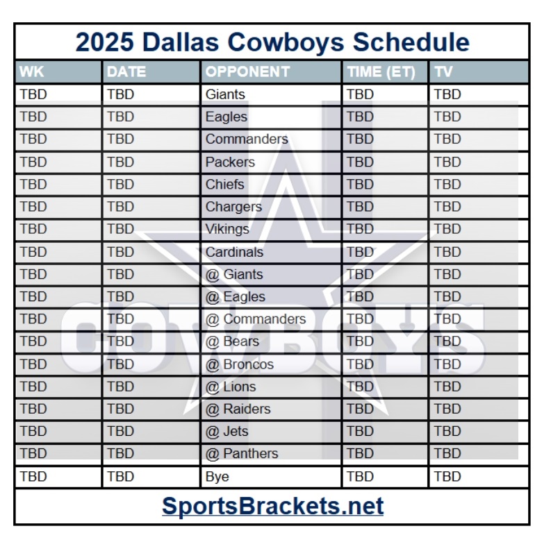 Printable 2025 Dallas Cowboys Schedule; Matchups and TV Broadcasts - Sports Brackets