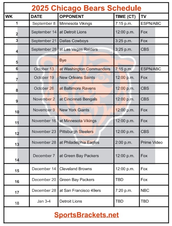 Printable 2025 Chicago Bears Schedule; Matchups and TV Broadcasts - Sports Brackets