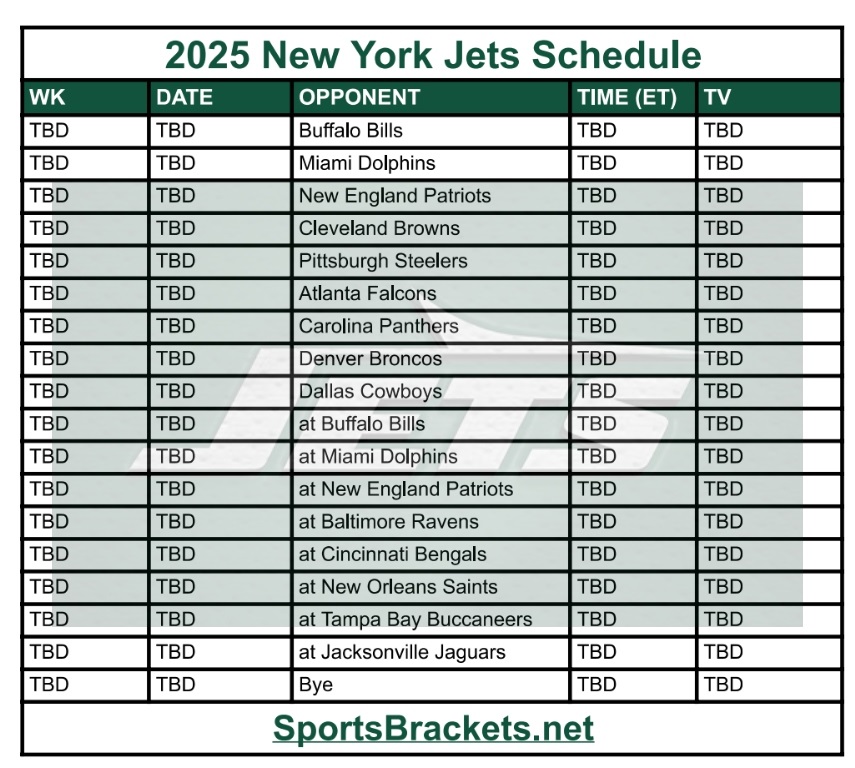Printable 2025 New York Jets Schedule; Matchups and TV Broadcasts - Sports Brackets
