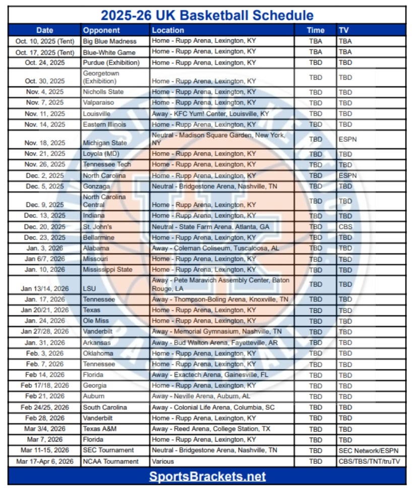 Printable 2025-26 UK Basketball Schedule; PDF format, TV Broadcasts ...