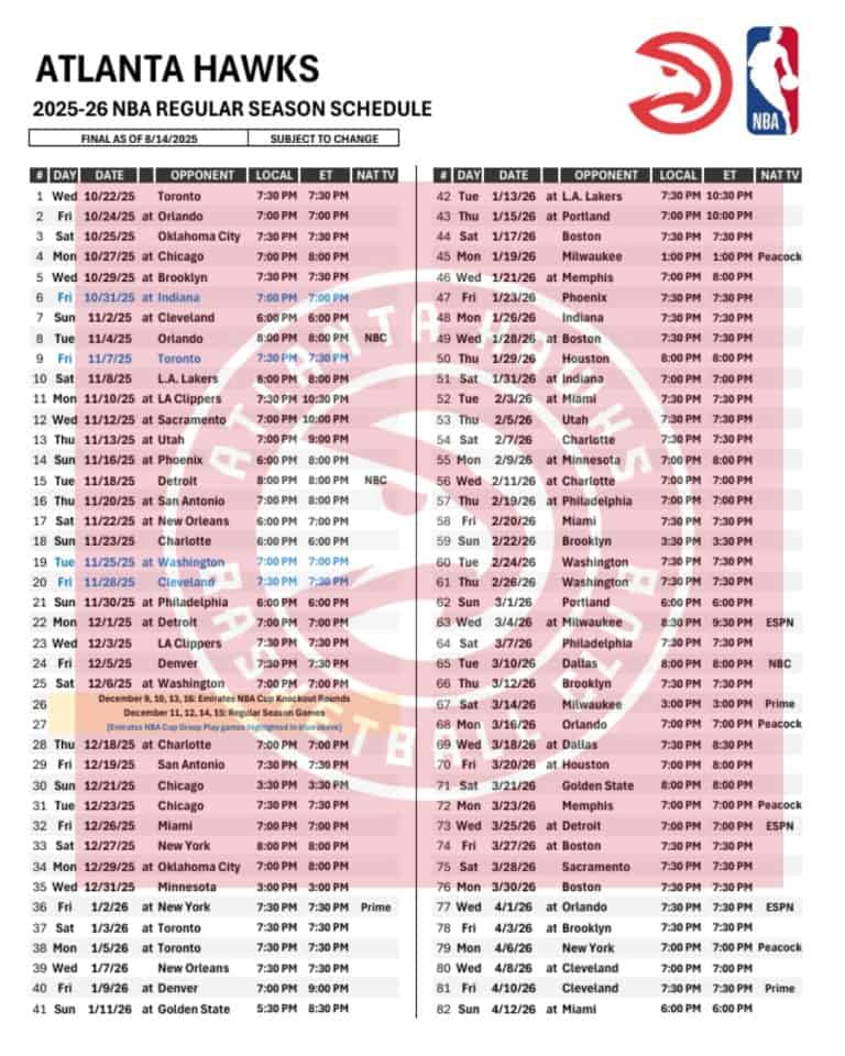 Printable 2025-26 Atlanta Hawks Schedule; TV Broadcasts and Matchups ...