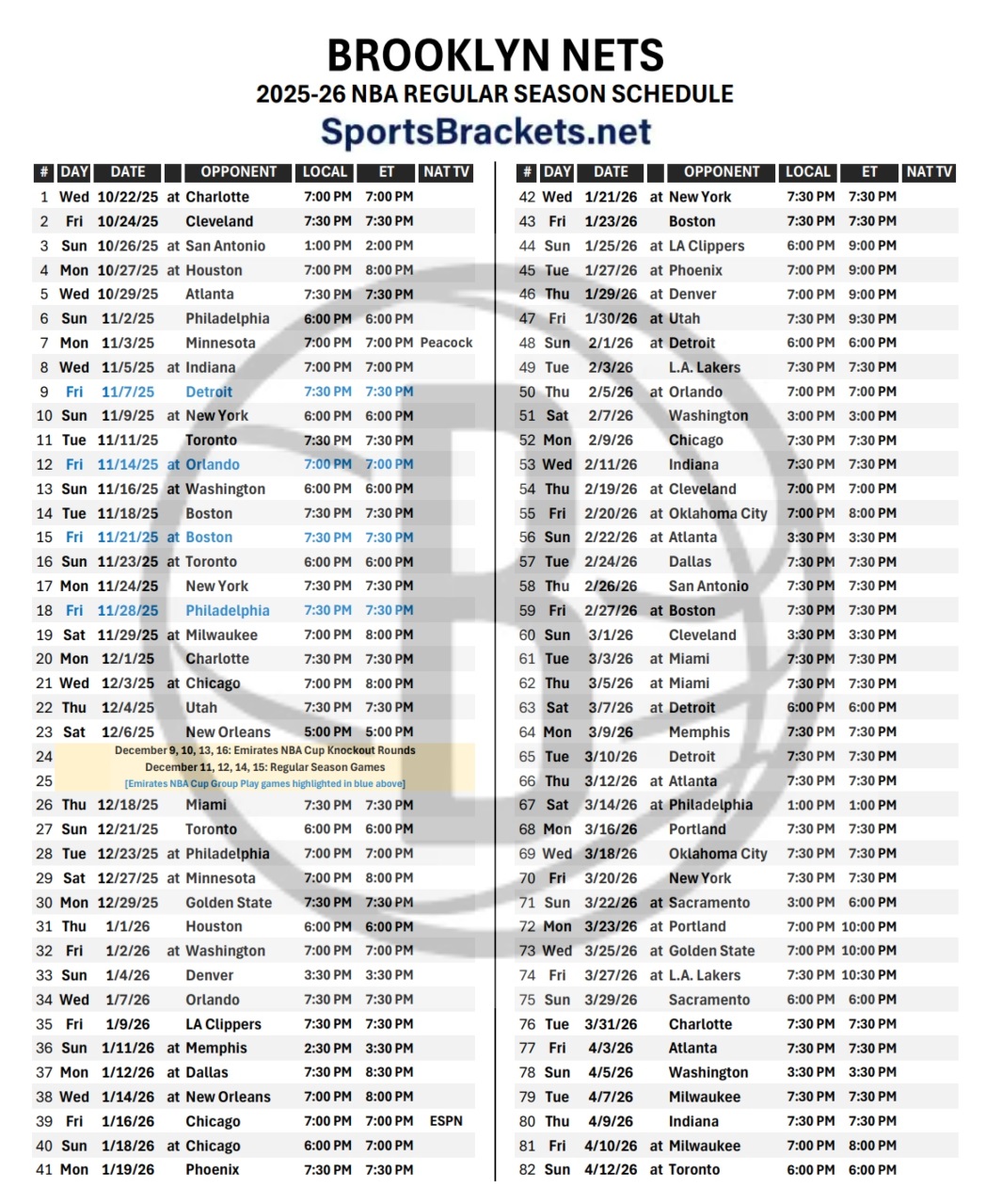 Printable 2025-26 Brooklyn Nets Schedule; TV Broadcasts and Matchups ...