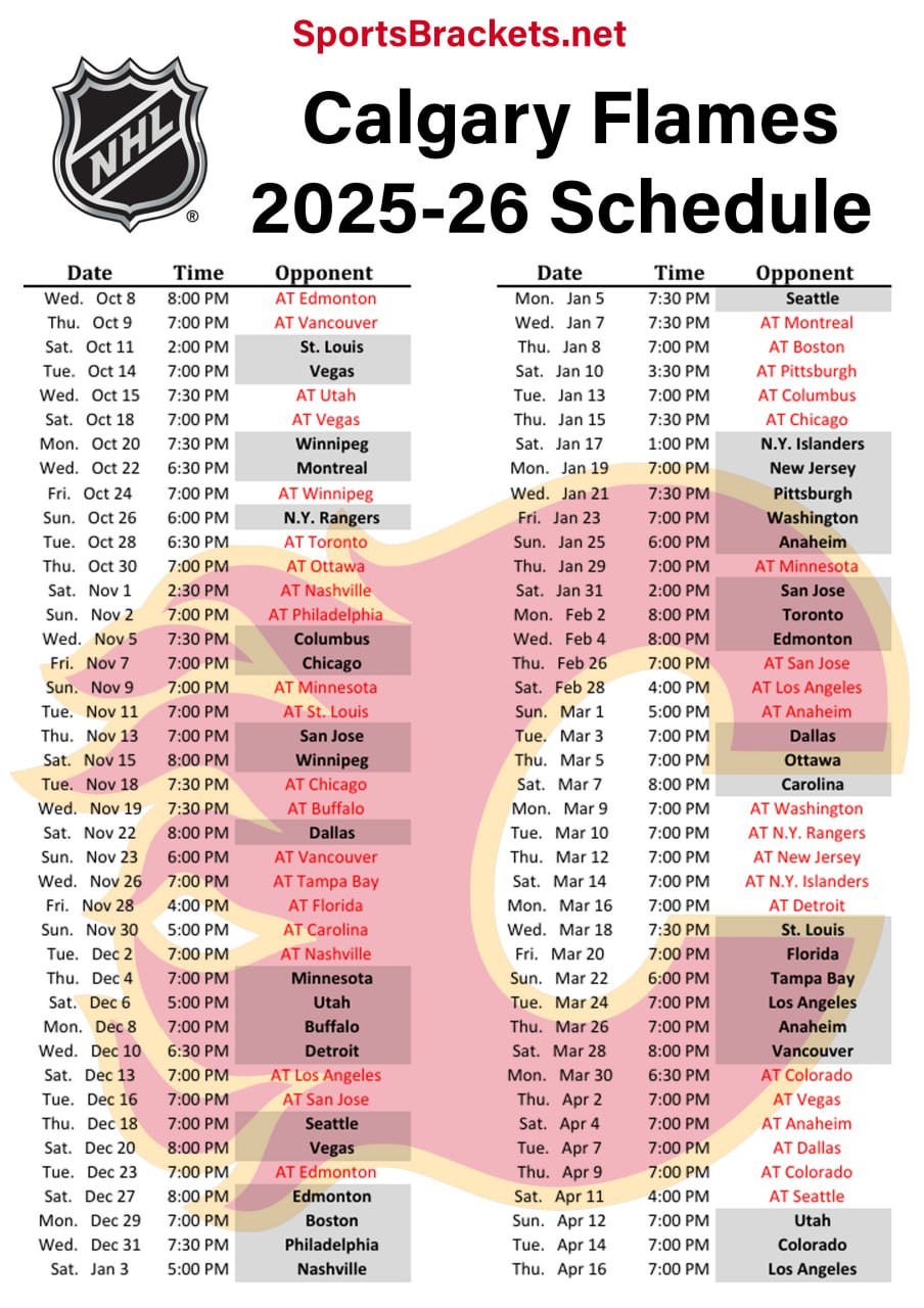 2025-26 Calgary Flames Schedule; Printable, PDF Format - Sports Brackets