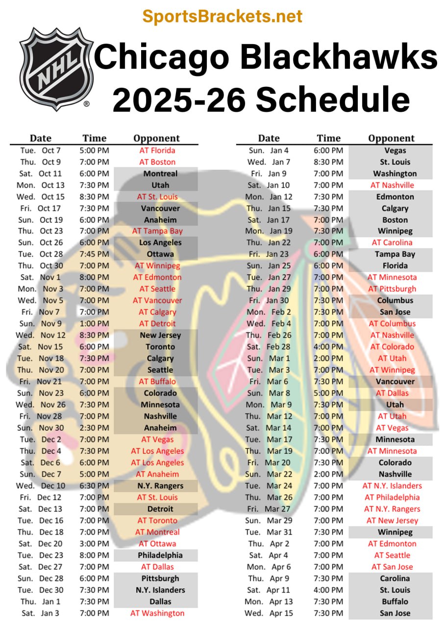 2025-26 Chicago Blackhawks Schedule; Printable, PDF Format - Sports ...