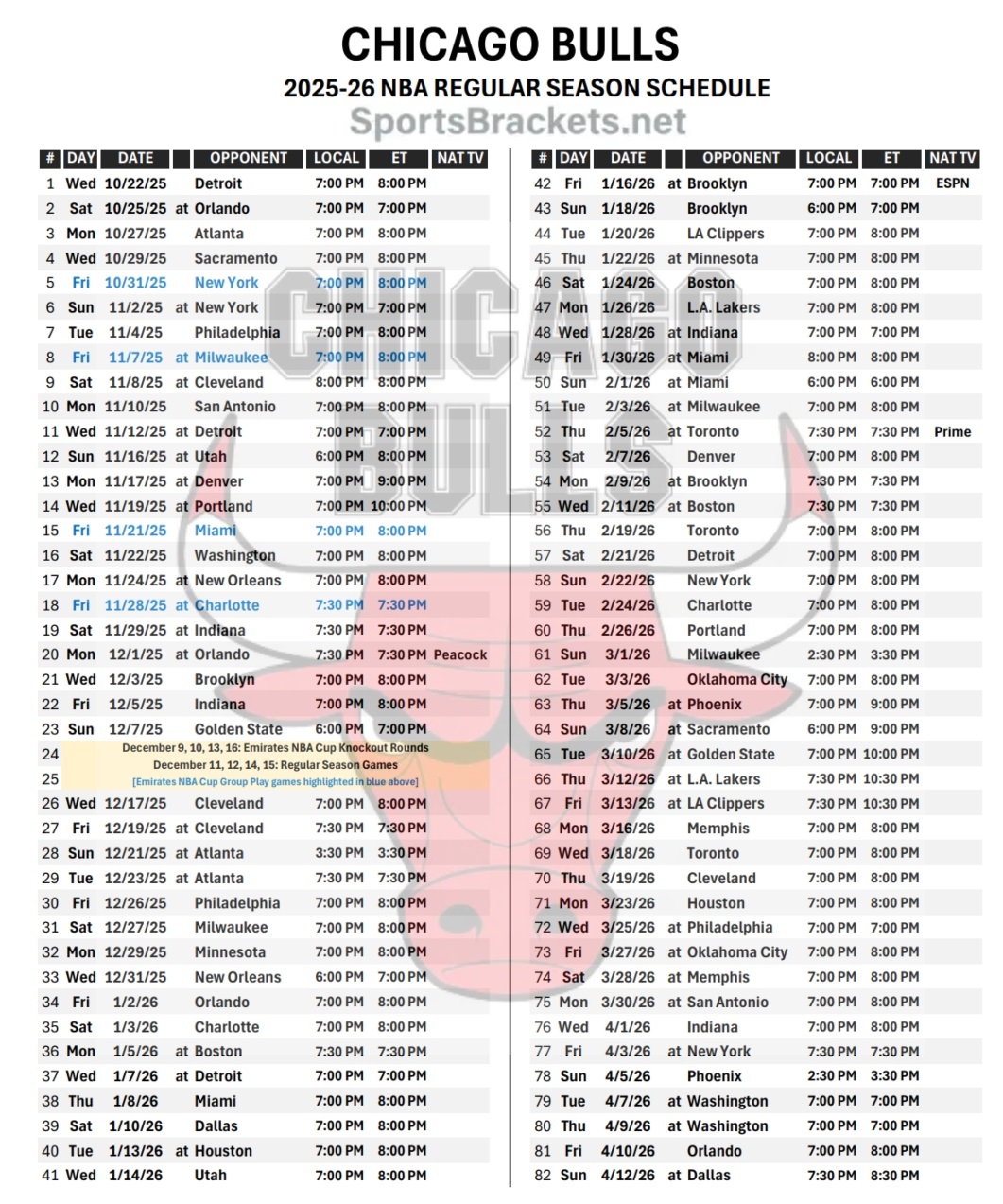 Printable 2025-26 Chicago Bulls Schedule; TV Broadcasts and Matchups ...