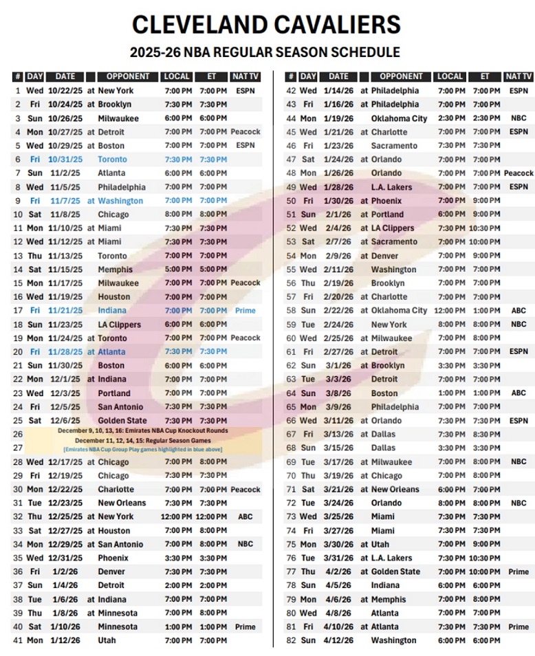 Printable 2025-26 Cleveland Cavaliers Schedule; TV Broadcasts and ...