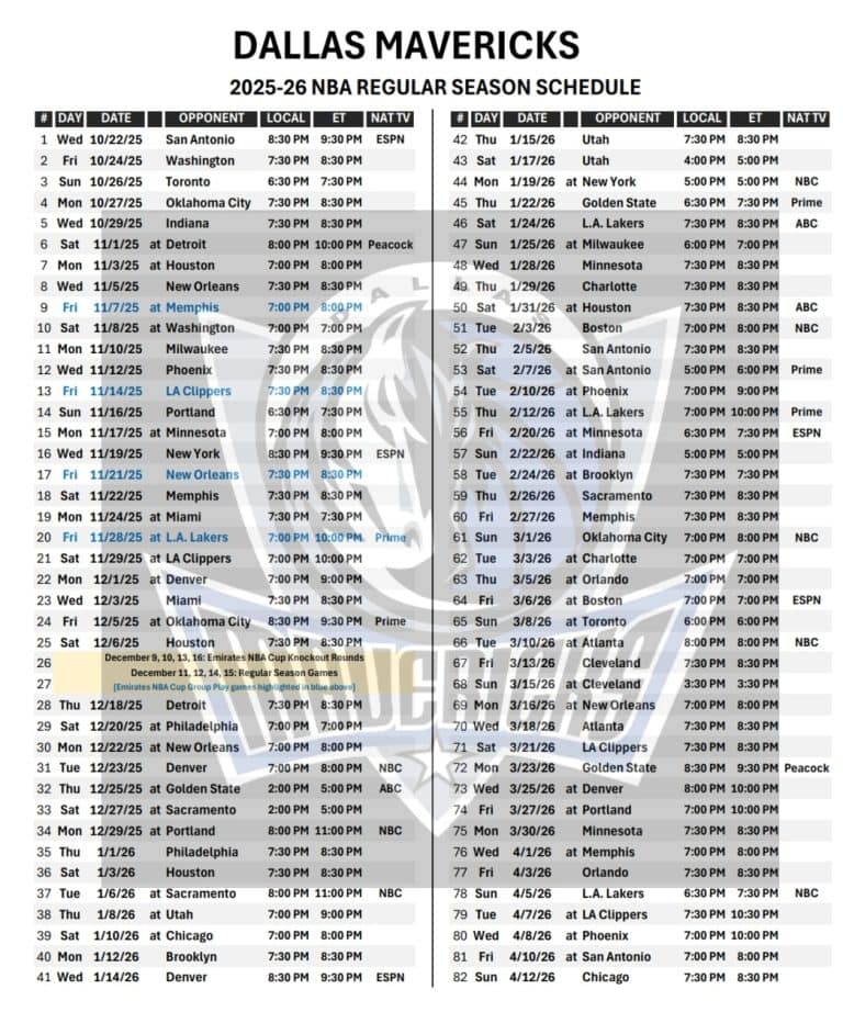 Printable 2025-26 Dallas Mavericks Schedule; TV Broadcasts and Matchups ...