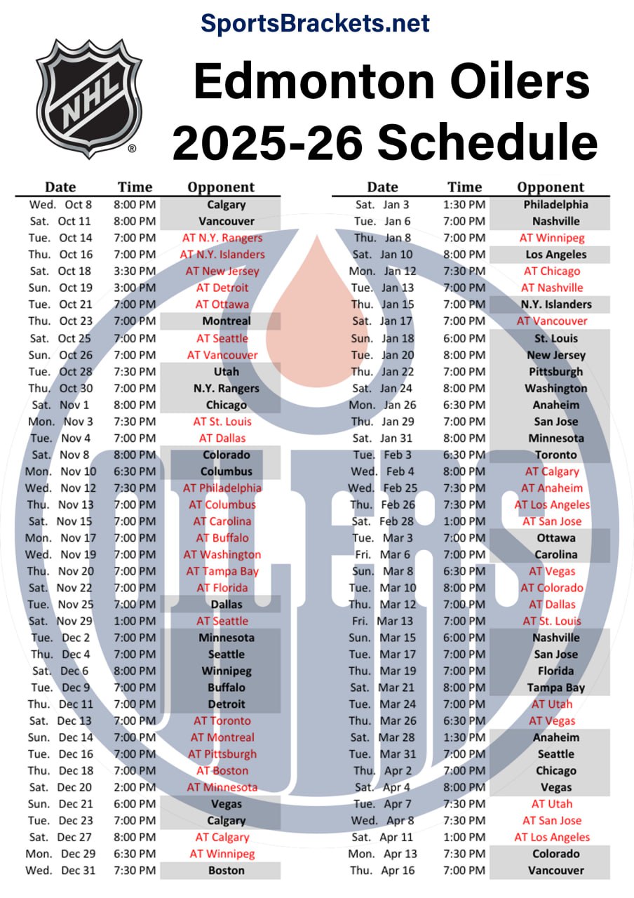 2025-26 Edmonton Oilers Schedule; Printable, PDF Format - Sports Brackets