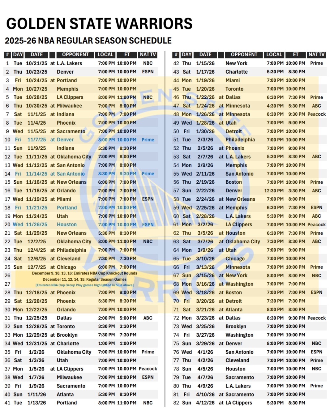 Printable 2025-26 Golden State Warriors Schedule; TV Broadcasts and ...