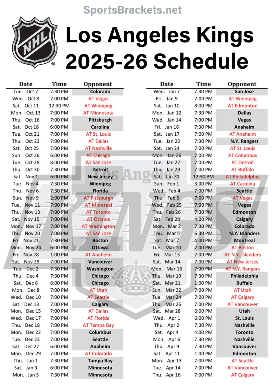 2025-26 Los Angeles Kings Schedule; Printable, PDF Format - Sports Brackets