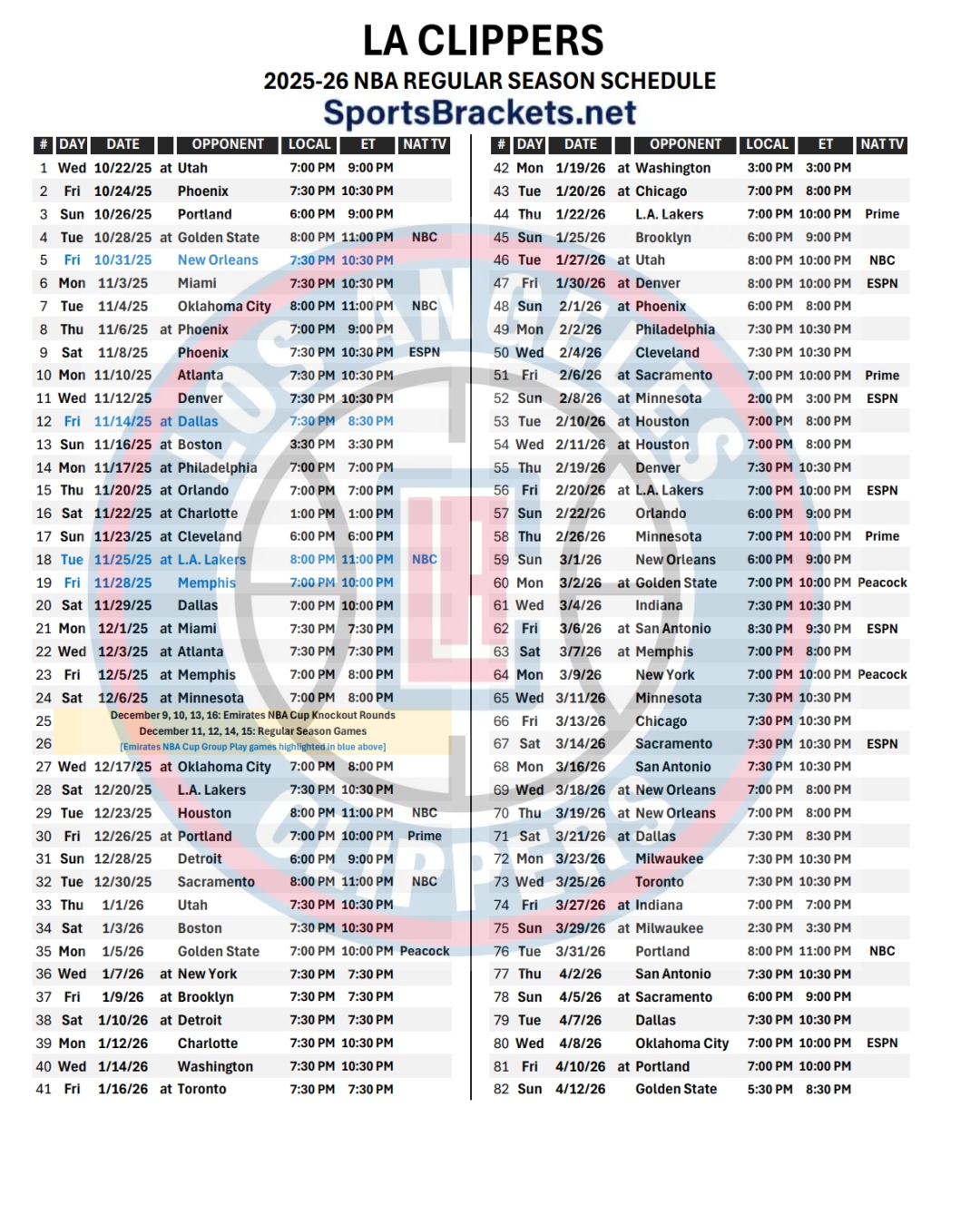 Printable 2025-26 Los Angeles Clippers Schedule; TV Broadcasts and Matchups - Sports Brackets