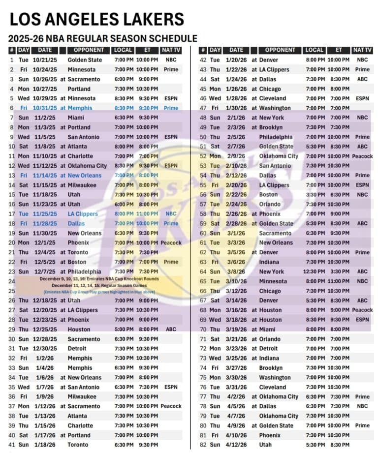 2025-26 NBA Schedule; Printable, TV Lineups - Sports Brackets