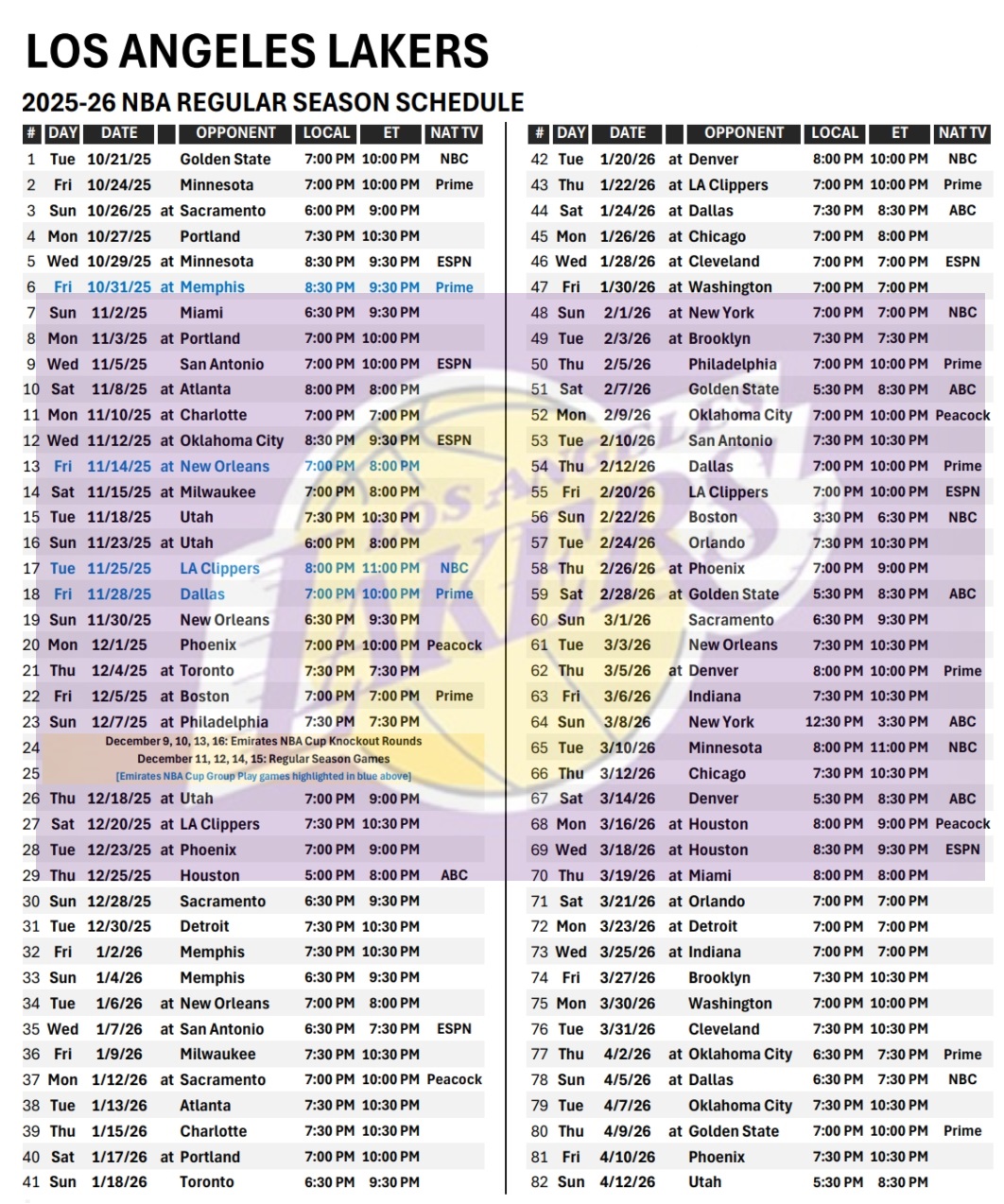 Printable 2025-26 LA Lakers Schedule; TV Broadcasts and Matchups ...