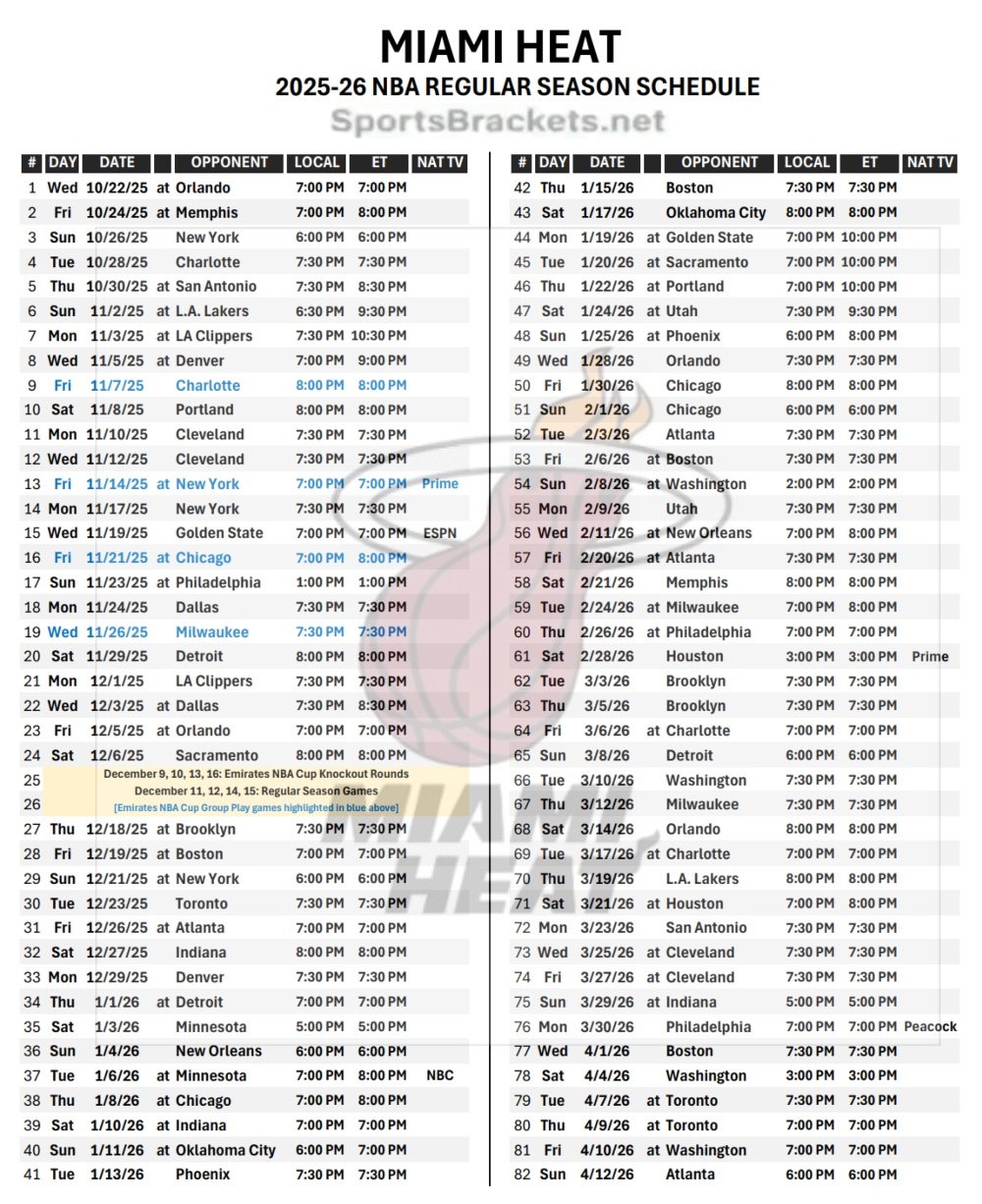 Printable 2025-26 Miami Heat Schedule; TV Broadcasts and Matchups ...