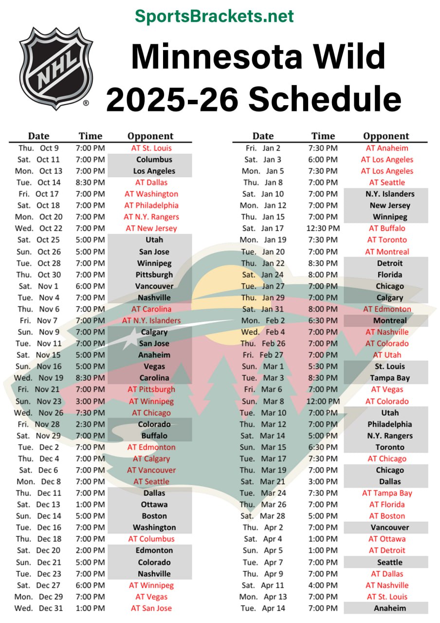 2025-26 Minnesota Wild Schedule; Printable, PDF Format - Sports Brackets