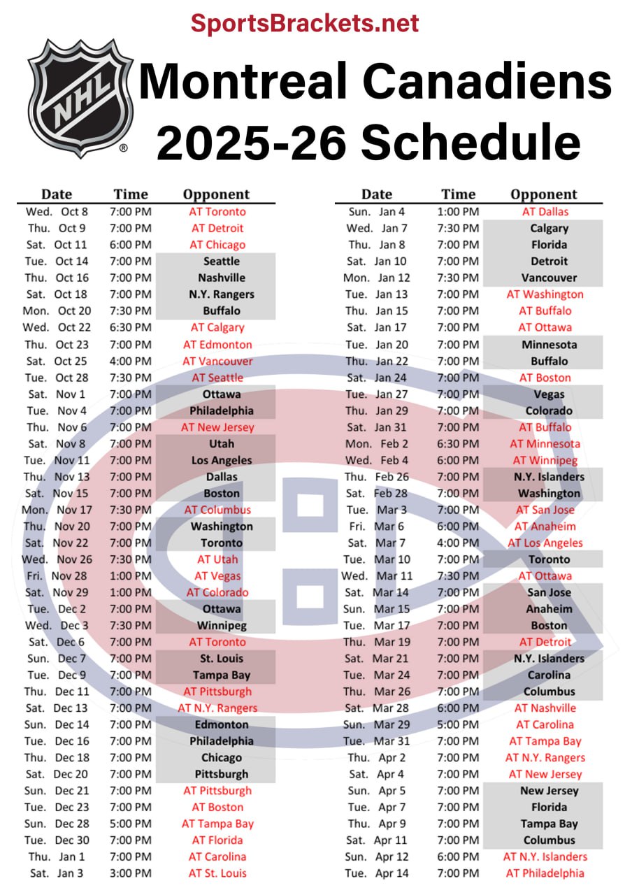 2025-26 Montreal Canadiens Schedule; Printable, PDF Format - Sports Brackets
