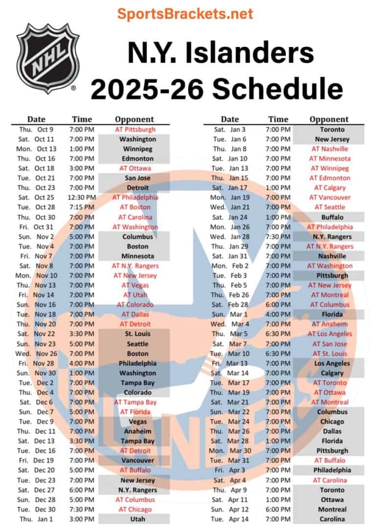 2025-26 New York Islanders Schedule; Printable, PDF Format - Sports ...