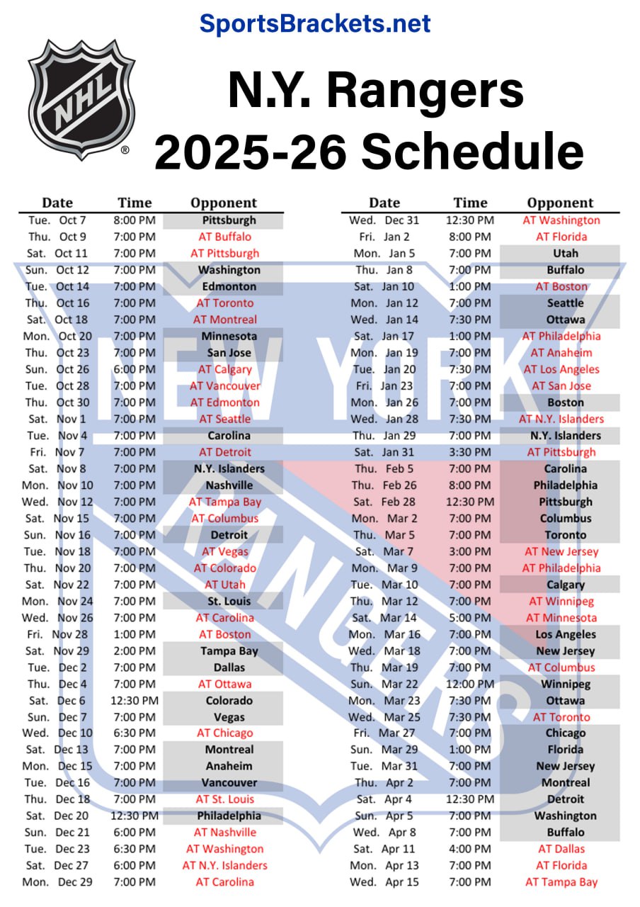 2025-26 New York Rangers Schedule; Printable, PDF Format - Sports Brackets