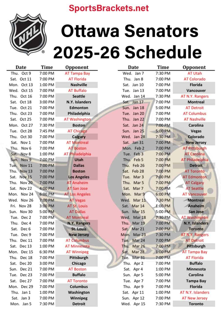 2025-26 Ottawa Senators Schedule; Printable, PDF Format - Sports Brackets