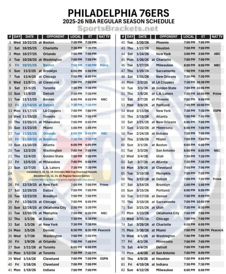 2026-27 NBA Schedule: Printable, PDF, TV Lineups - Sports Brackets