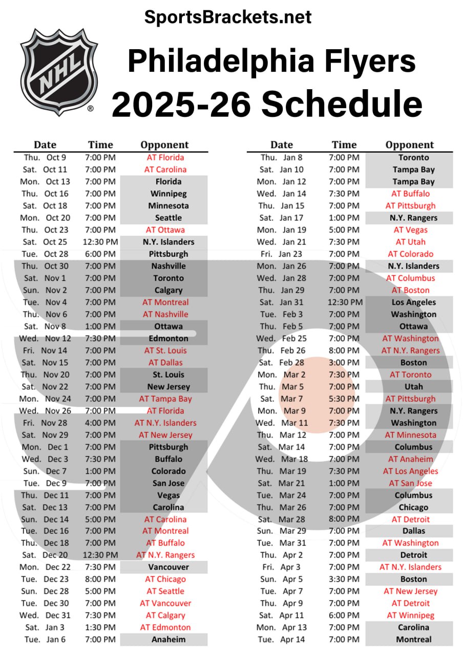 2025-26 Philadelphia Flyers Schedule; Printable, PDF Format - Sports ...