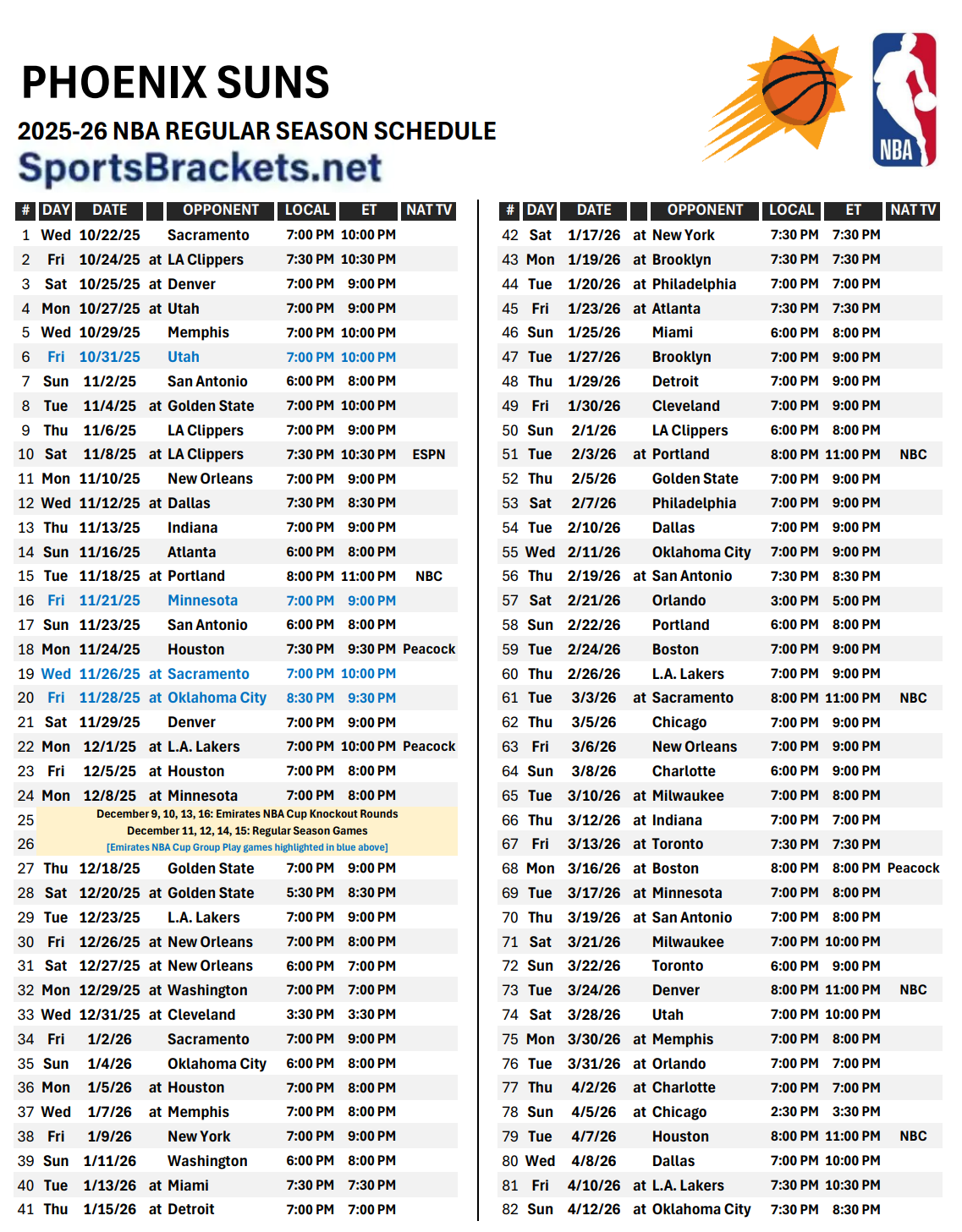 Printable 2025-26 Phoenix Suns Schedule; TV Broadcasts and Matchups - Sports Brackets