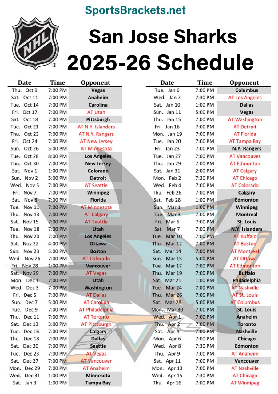 2025-26 San Jose Sharks Schedule; Printable, PDF Format - Sports Brackets