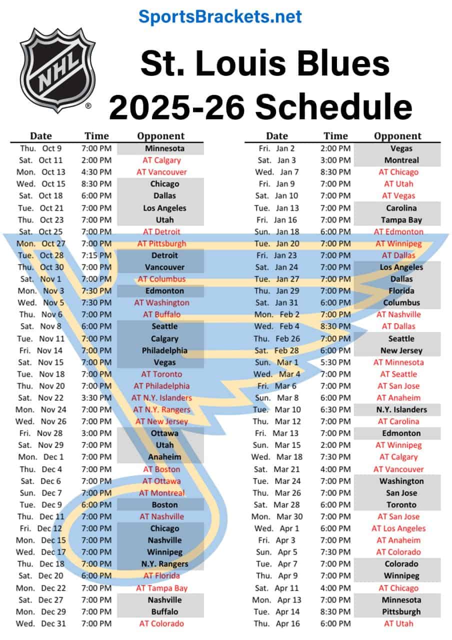 2025-26 St. Louis Blues Schedule; Printable, PDF Format - Sports Brackets