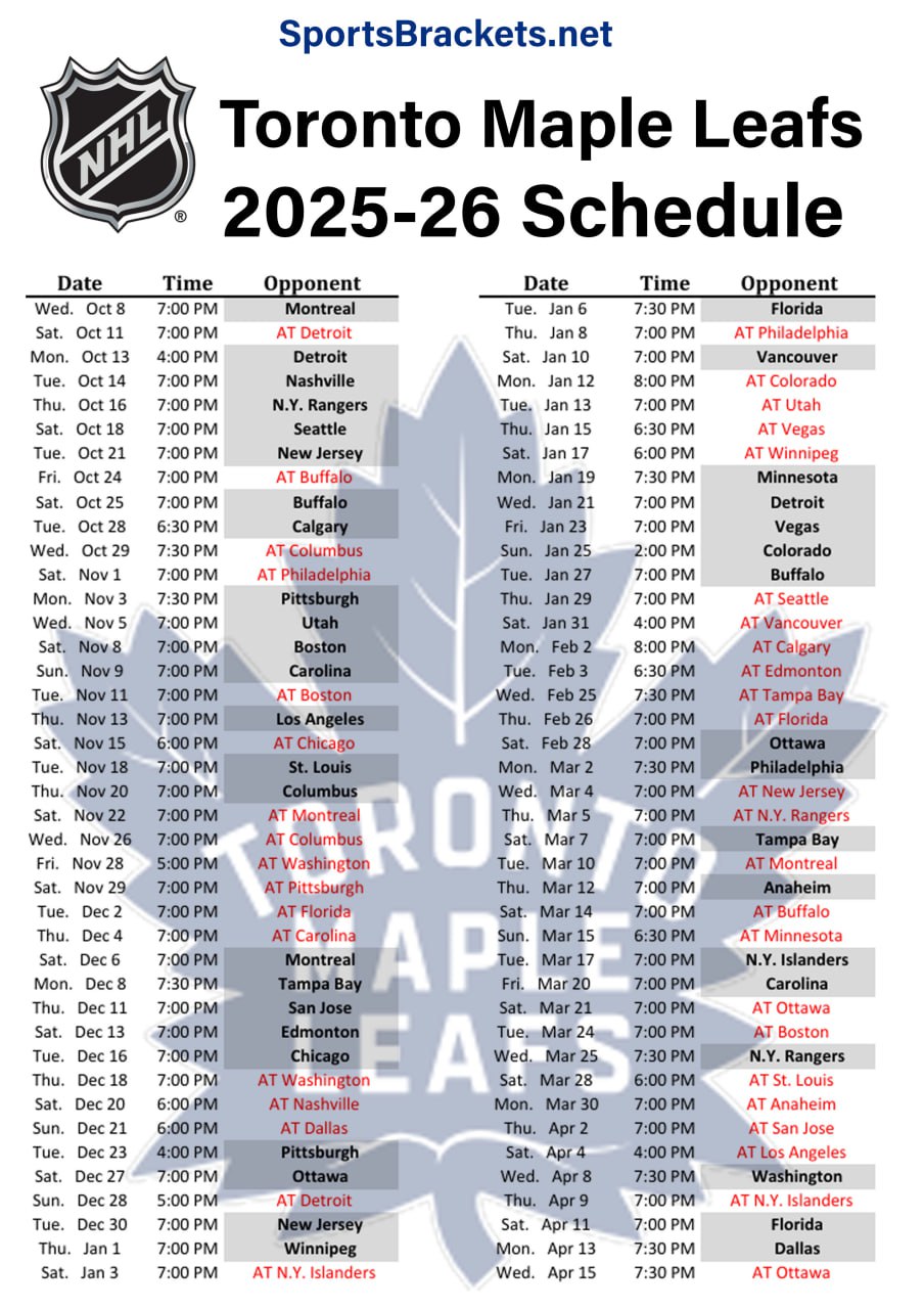 2025-26 Toronto Maple Leafs Schedule; Printable, PDF Format - Sports ...