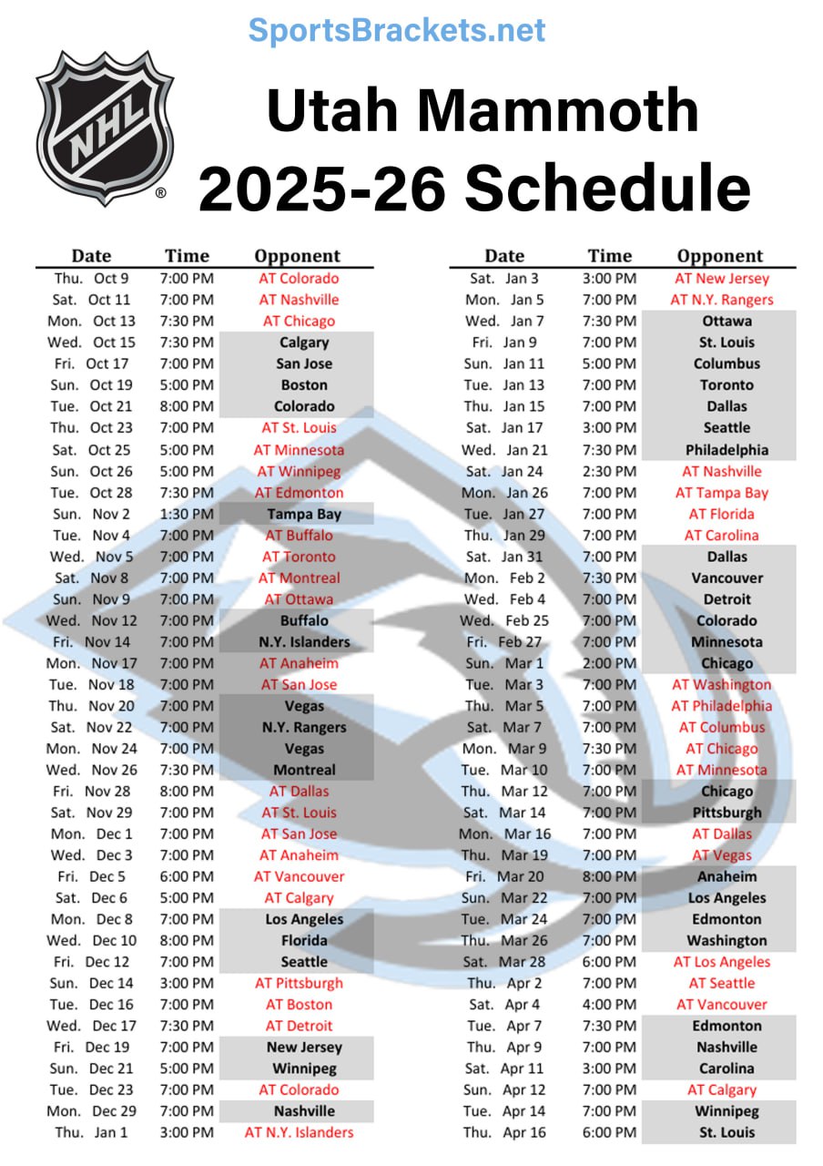 2025-26 Utah Mammoth Schedule; Printable, PDF Format - Sports Brackets