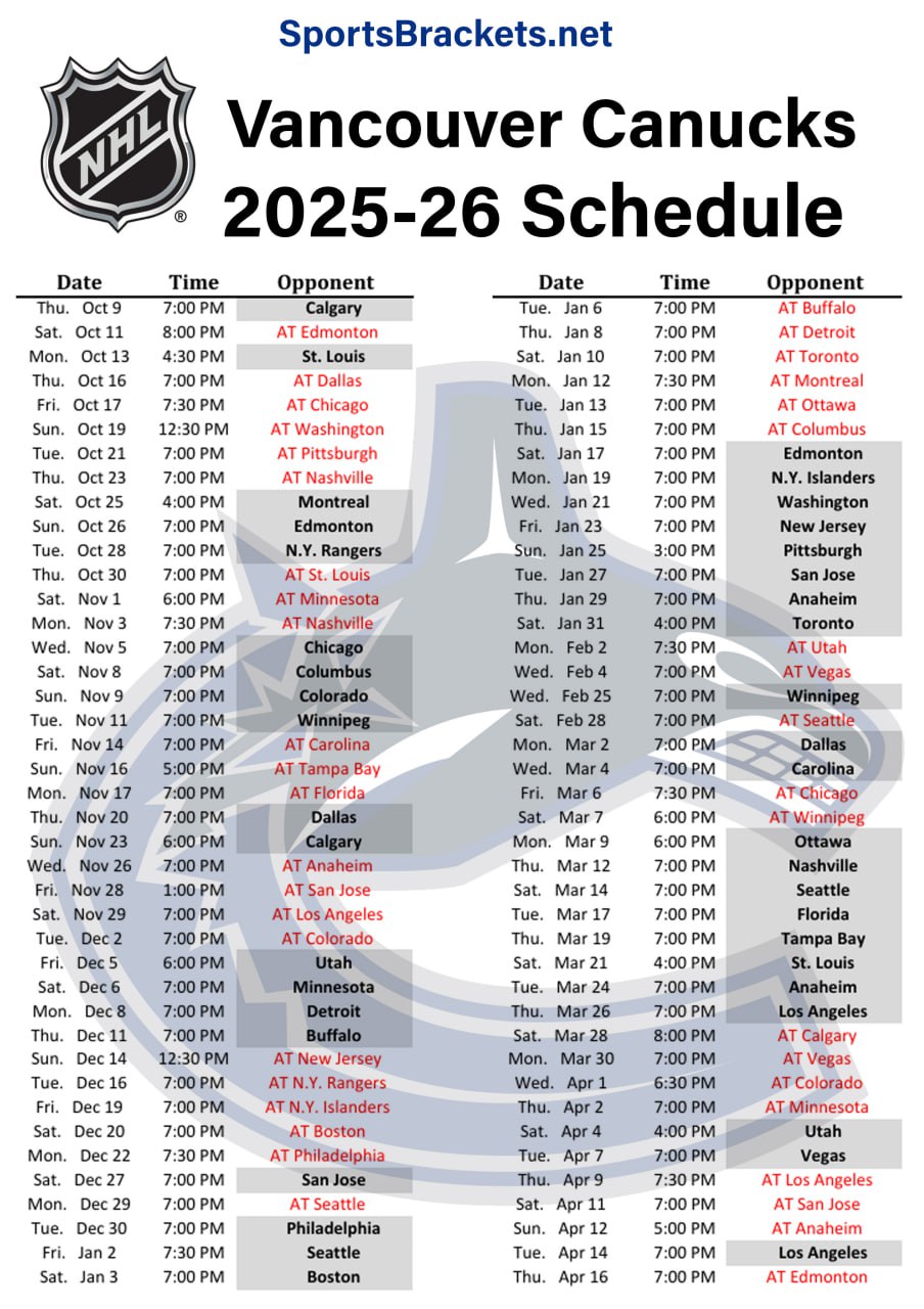 2025-26 Vancouver Canucks Schedule; Printable, PDF Format - Sports Brackets