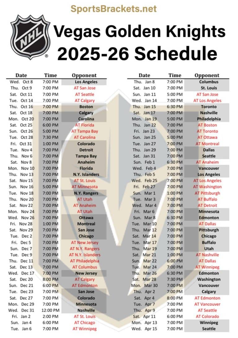 2025-26 Vegas Golden Knights Schedule; Printable, PDF Format - Sports ...