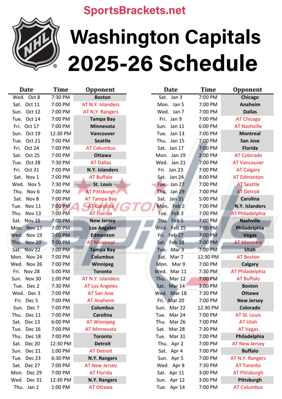 2025-26 Washington Capitals Schedule; Printable, PDF Format - Sports ...