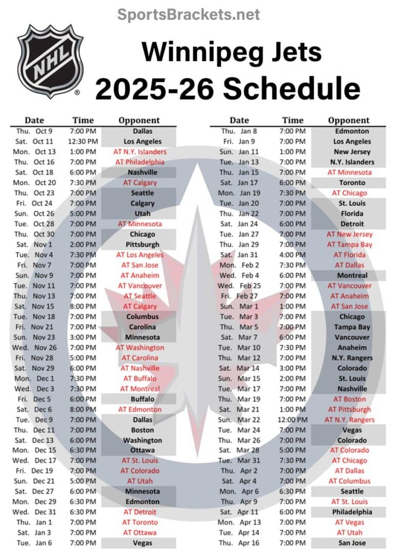 2025-26 Winnipeg Jets Schedule; Printable, PDF Format - Sports Brackets