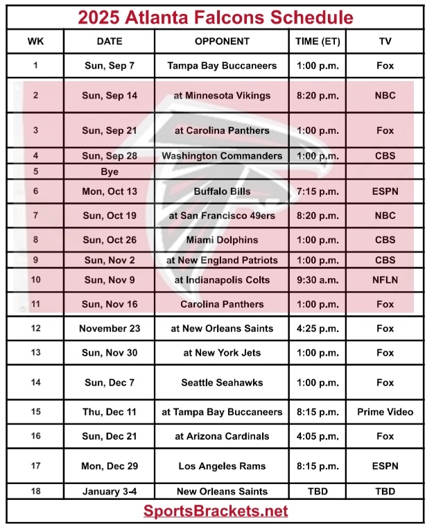 Printable 2025 Atlanta Falcons Schedule; Matchups and TV Broadcasts ...