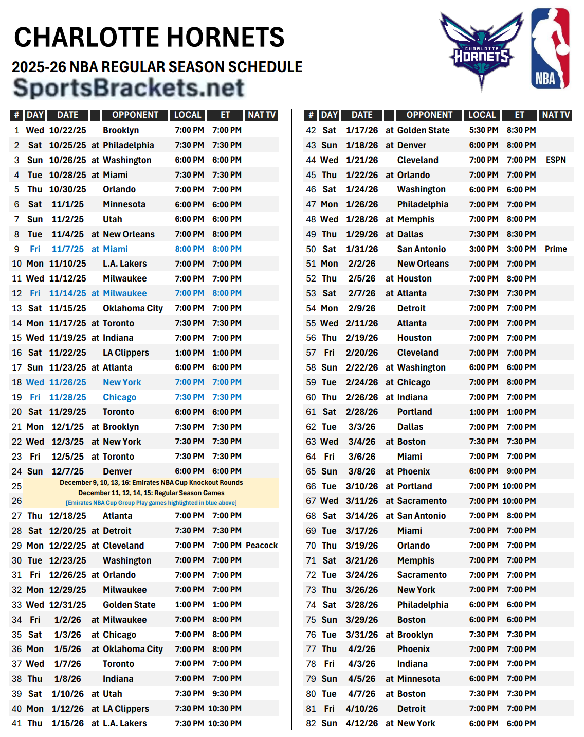 Printable 2025-26 Charlotte Hornets Schedule; TV Broadcasts and ...