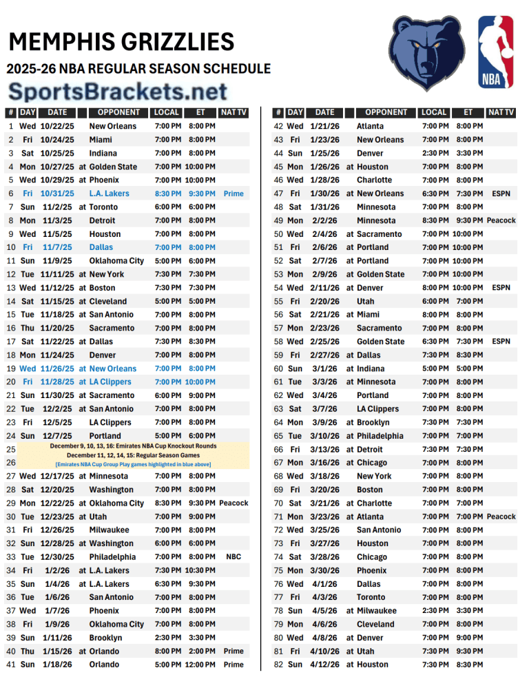 2026-27 NBA Schedule: Printable, PDF, TV Lineups - Sports Brackets